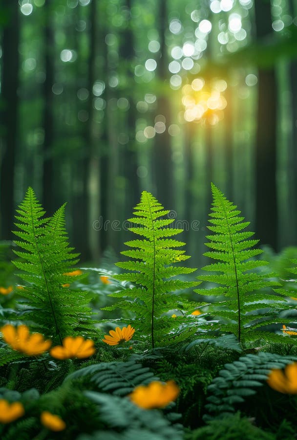 Ferns and Yellow Flowers in the Forest. a Close Up Ferns in a Mossy ...