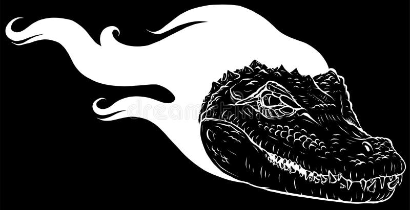 White Silhouette of Ferocious Alligator Head with Flames Stock Vector ...