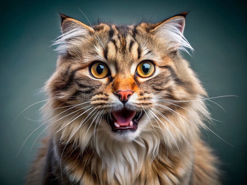 Ferocious American Curl Cat with Bared Teeth Against a Pastel ...