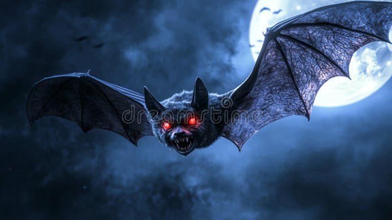 A Ferocious Bat with Red Eyes Flying Under a Full Moon Stock ...