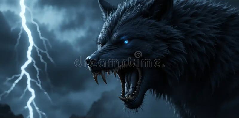 Ferocious Black Wolf Howling Under a Thunderous Stormy Sky a Digital ...