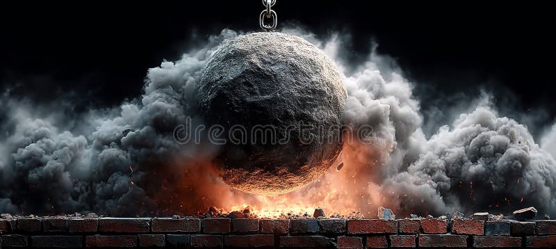 Ferocious Demolition Scene with a Wrecker Smashing a Brick Wall ...