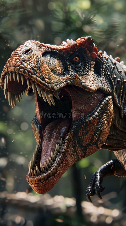 Ferocious Dinosaur Roaring in the Forest, Close-up. Prehistoric ...