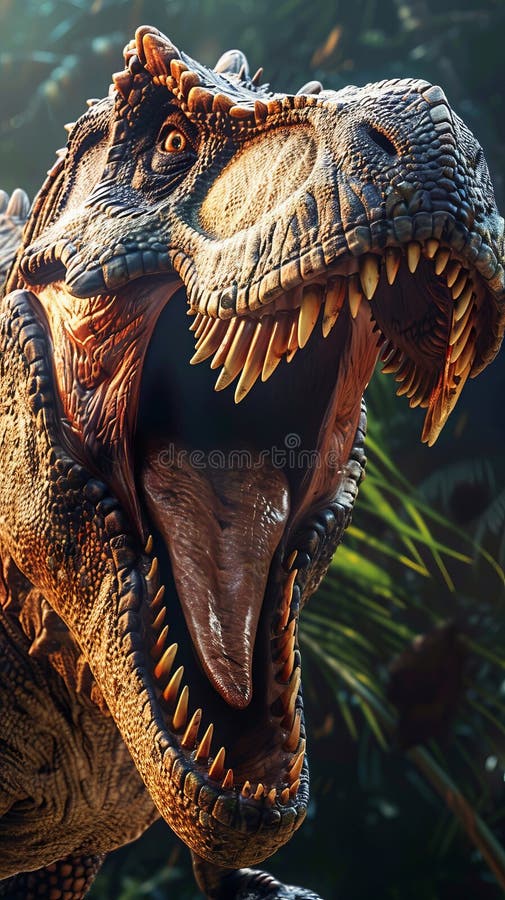 Ferocious Dinosaur Roaring with Open Mouth, Jungle Background ...
