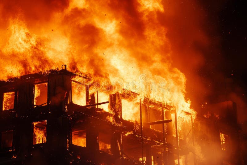 Intense Flames Engulfing Building at Night Stock Photo - Image of ...