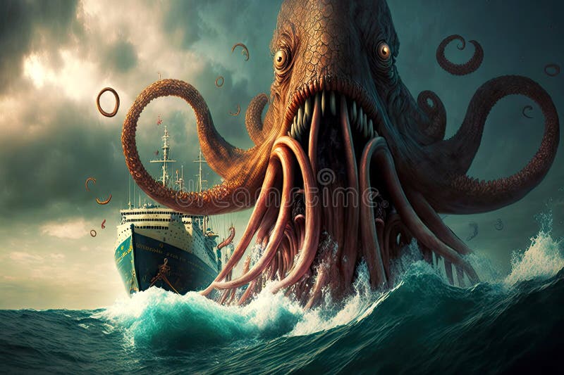 Ferocious Huge Octopus Sea Attacks Ship during Storm Stock Photo ...
