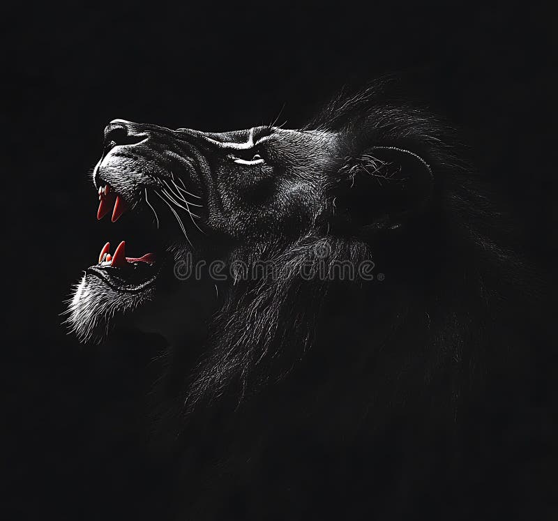 Ferocious Lion Roaring with Sharp Teeth, Set Against Dark Background ...