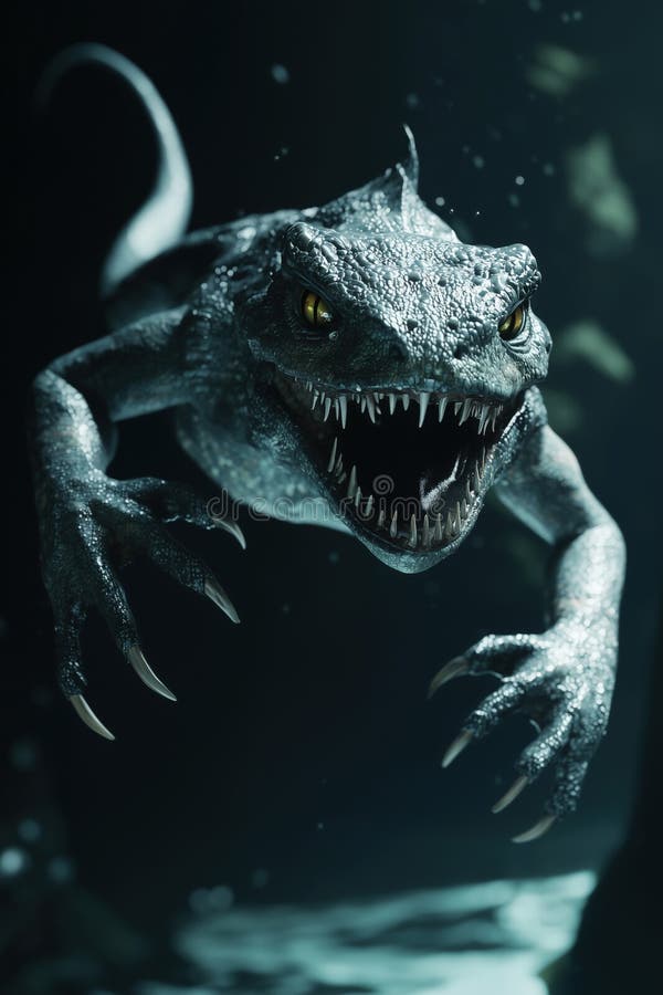 Ferocious Lizards Raptor with Sharp Claws and Fangs Swimming in Dark ...