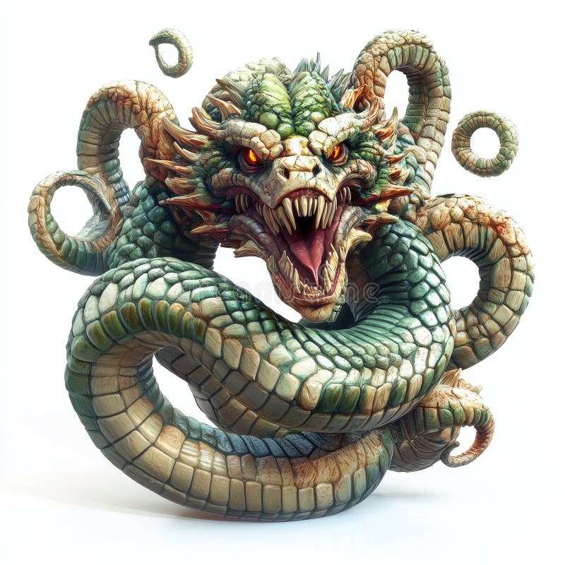 Fierce Green Dragon, Mythical Creature with Multiple Heads, 3D Render ...