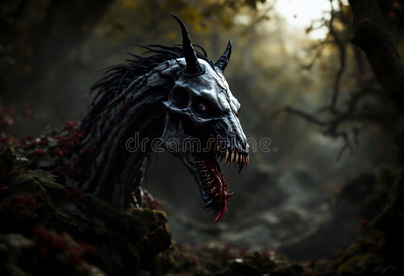 Ferocious Mythical Creature Emerging from Shadows in Dark Enchanted ...