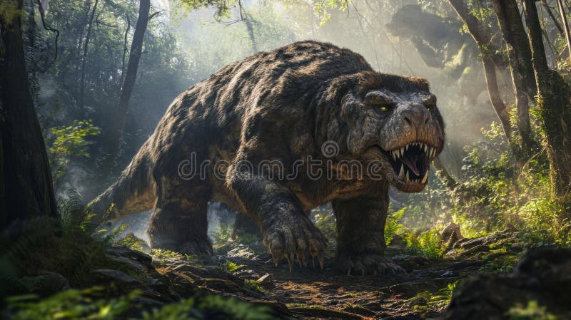 Ferocious Reptile Monster in a Foggy Jungle Stock Illustration ...