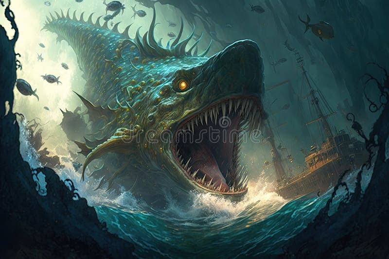 A Ferocious Sea Monster Devouring a Shipwreck in Its Lair, Surrounded ...