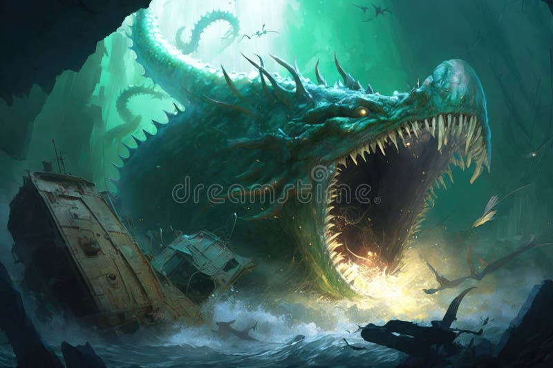 A Ferocious Sea Monster Devouring a Shipwreck in Its Lair, Surrounded ...