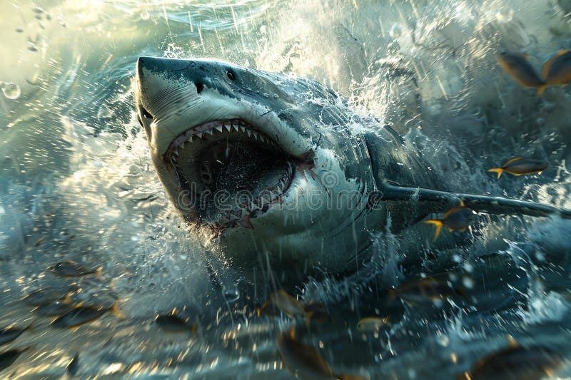 A Ferocious Shark Emerges from Turbulent Waters, Displaying Its Sharp ...