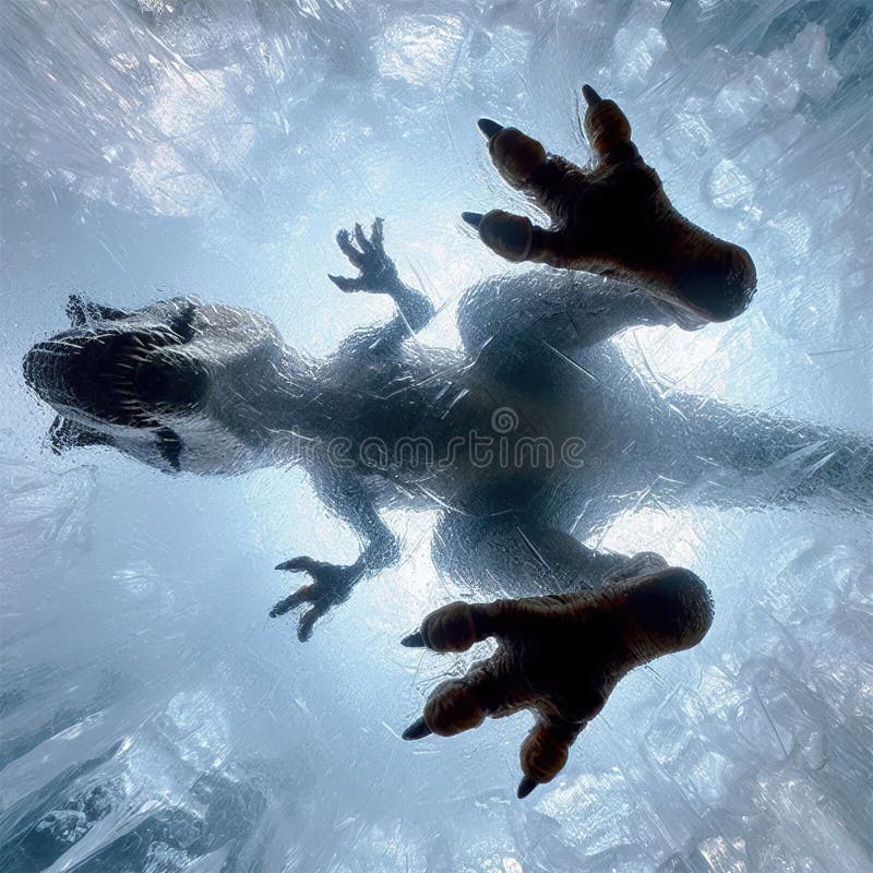 A Ferocious T-Rex Walking on Thin Ice. View from Below Stock ...