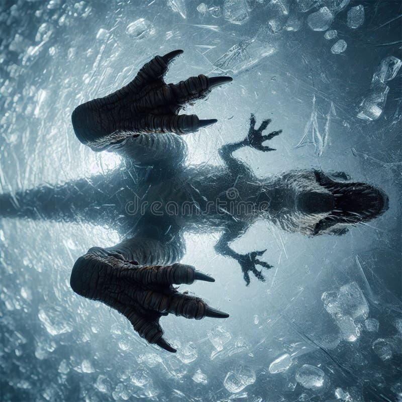 A Ferocious T-Rex Walking on Thin Ice. View from Below Stock ...