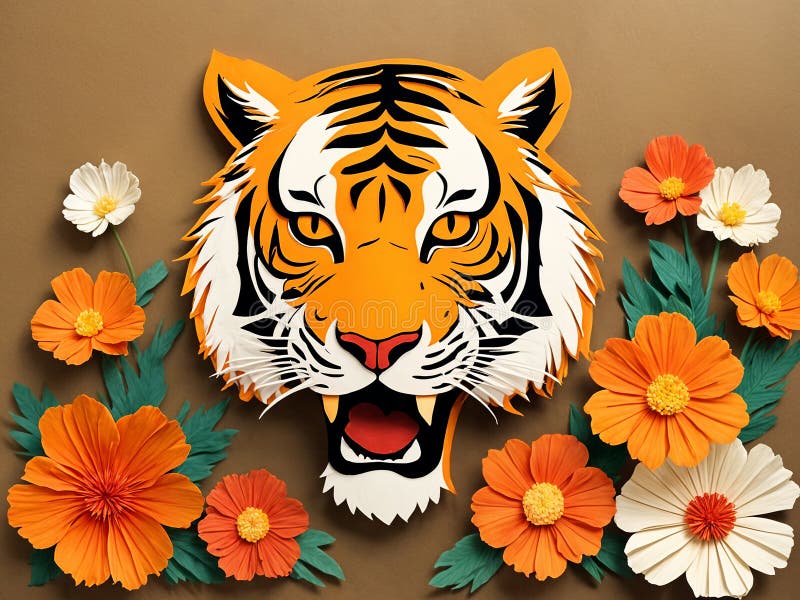 Ferocious Tiger with Flowers in Paper Cut Effect - Generated by Ai ...