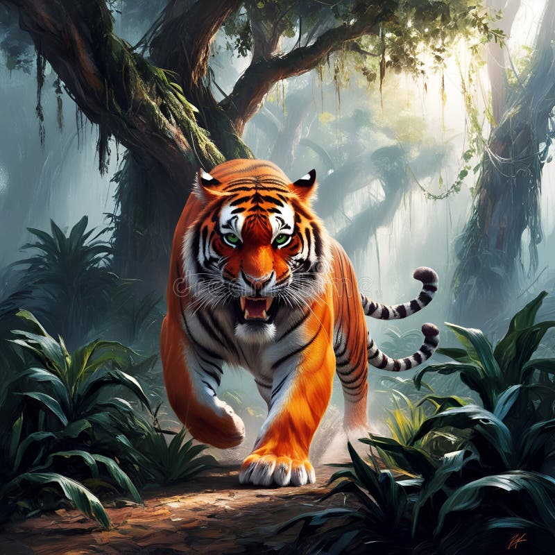 Ferocious Tiger Stalking through a Dense Jungle Stock Illustration ...