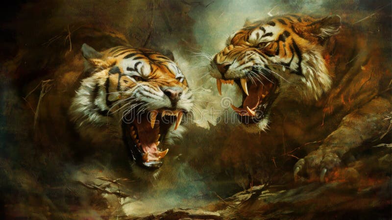 Ferocious Tigers Roaring in a Dramatic Encounter. Generative AI Stock ...