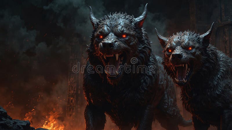 Ferocious Two-headed Hellhound with Glowing Red Eyes and Sharp Teeth in ...
