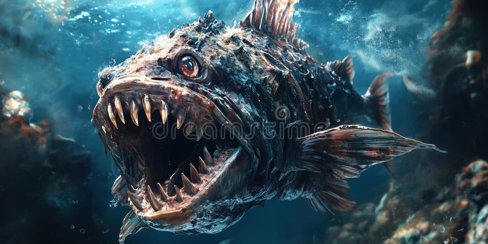 Ferocious Underwater Predator with Sharp Teeth and Intense Gaze in ...