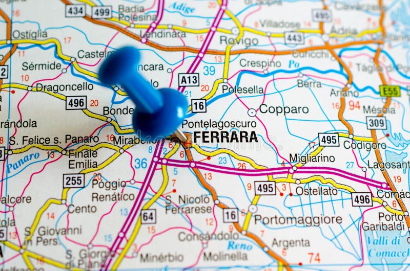Ferrara on map stock photo. Image of papers, maps, city - 122929696