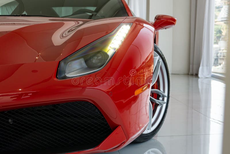 Ferrari 488 GTB Front View with Headlights on and Turned Wheel ...