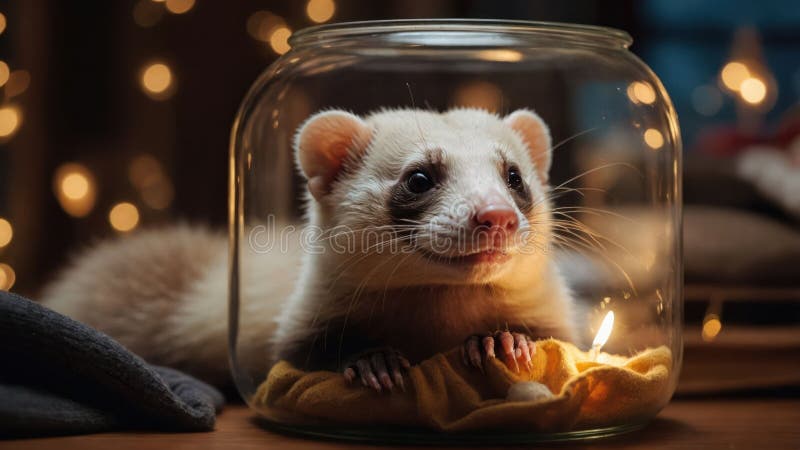 Adorable Ferret Inside a Glass Jar with Warm Lighting Stock ...