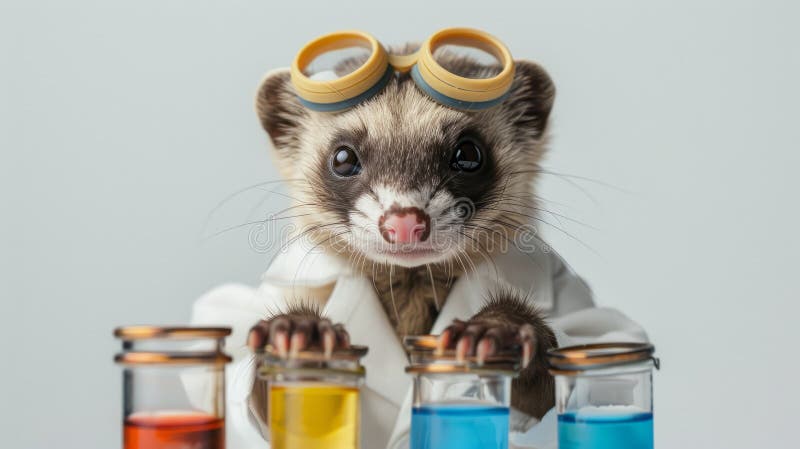 Ferret in Lab Coat and Goggles with Colorful Test Tubes. Stock Image ...