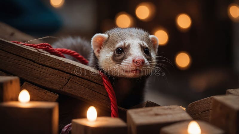 Adorable Ferret Posing with Wooden Blocks and Candles Stock ...