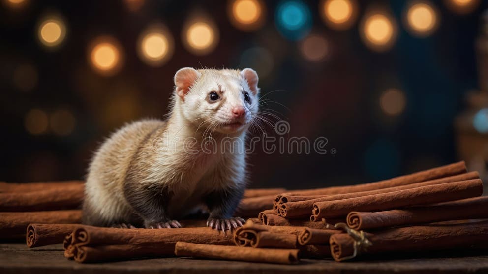 Adorable Ferret Posing with Cinnamon Sticks on Rustic Wooden Table ...