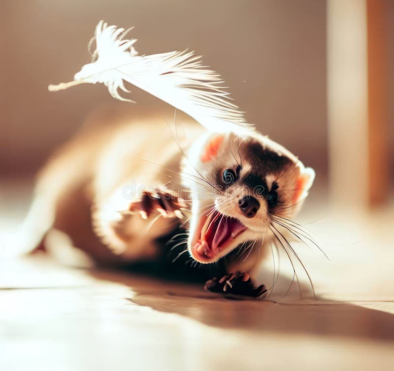 Playful Ferret with Feather Stock Illustration - Illustration of focus ...