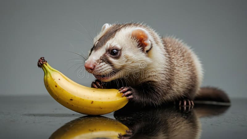 A Ferret Playfully Interacting with a Small Banana on a Reflective ...