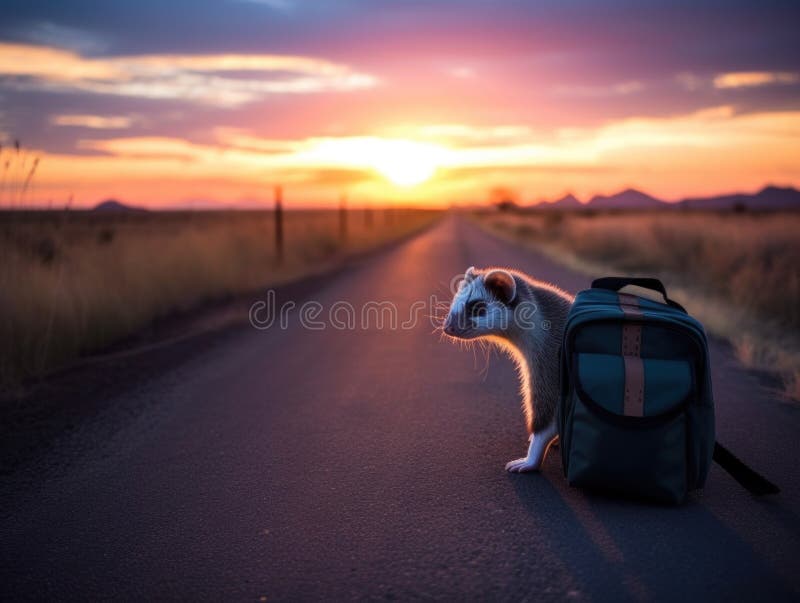 A Ferret Standing on the Side of a Road with a Backpack. Generative AI ...
