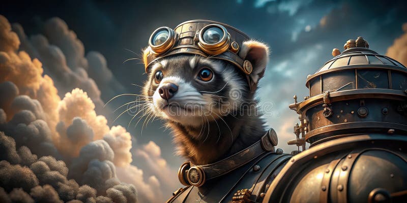 A Ferret in Steampunk Attire, Ready for Adventure Amidst Clouds ...