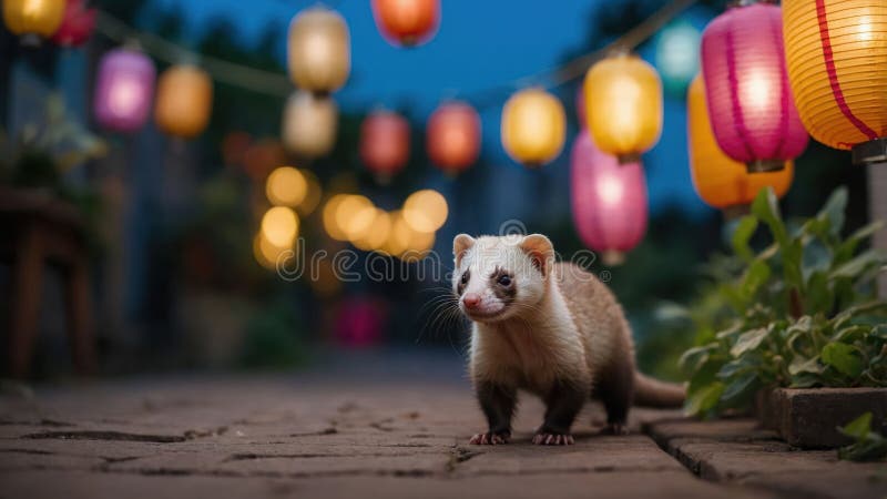 Adorable Ferret Posing at Night with Colorful Lanterns Stock ...