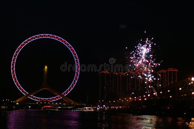 Ferris Wheel with Fireworks Stock Photo - Image of river, dark: 64497234