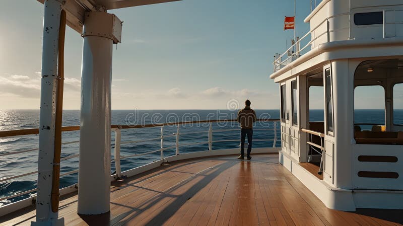 A Ferry Boat Deck with Someone Leaning on the Railing Looking at the ...