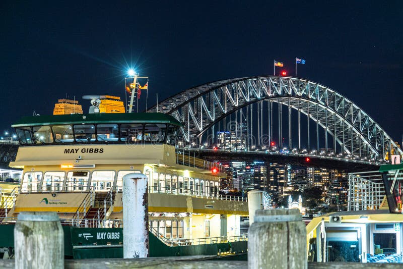 Ferry and Harbor Bridge editorial photography. Image of lighting ...