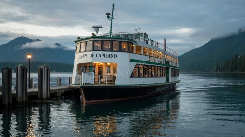 Ferry Queen of Capilano Approaching Dock at Twilight with Mountain ...