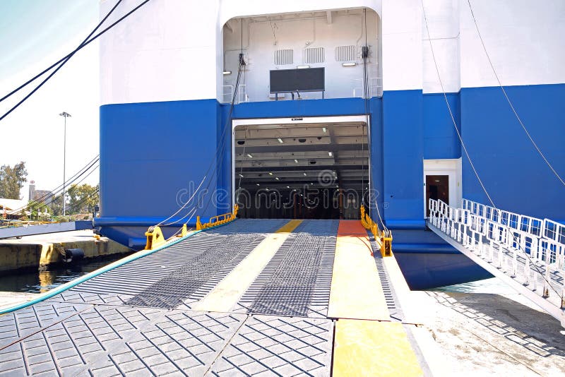 Bow Ramp of Ferry and Cars Inside of Ferry. View from Inside Ferry ...