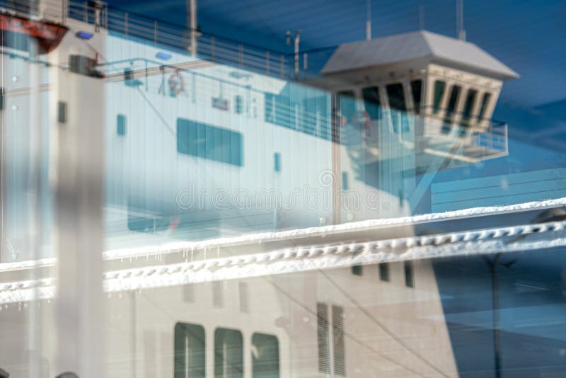 Ferry Reflection in Port Passenger Terminal Windows, Abstract Backdrop ...