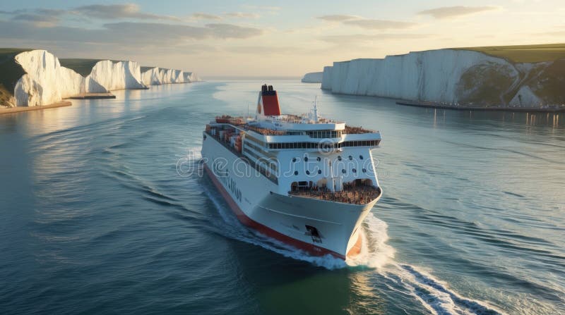 Ferry Sailing between White Cliffs at Sunset Stock Photo - Image of ...