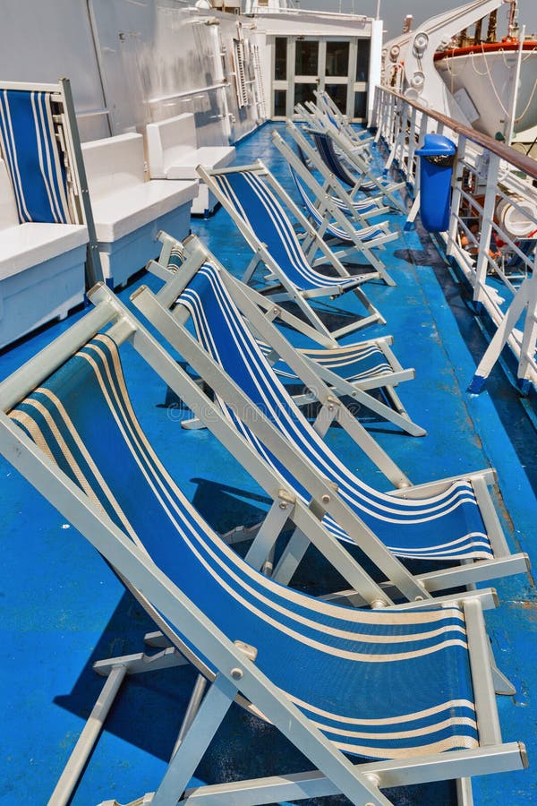 Ferry Ship with Deck Chairs. Mediterranean Sea Stock Image - Image of ...
