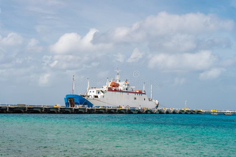 Ferry Ship in Docked Harbor, Side View. Ferry Ship in Harbor or Seaport ...