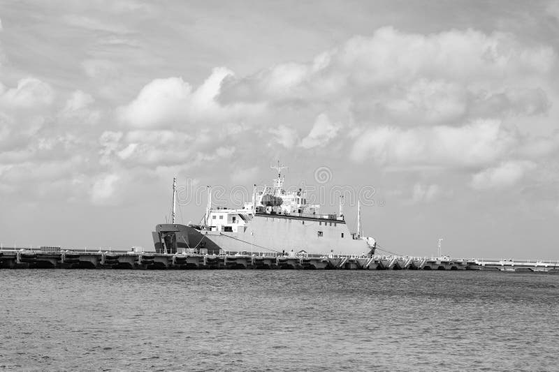 Ferry Ship in Docked Harbor, Side View. Ferry Ship in Harbor or Seaport ...