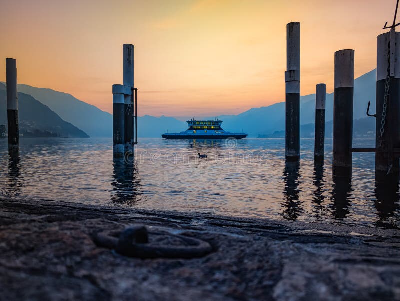 Ferry at Sunset on Lake Como in Bellagio Stock Image - Image of scenery ...