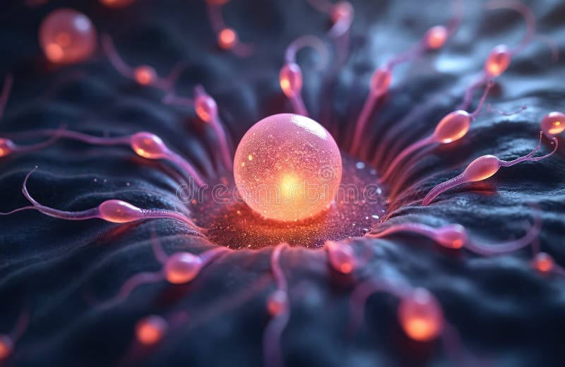Fertilization Process Graphic. Sperm Reach Vibrant Pink Egg, Cellular ...