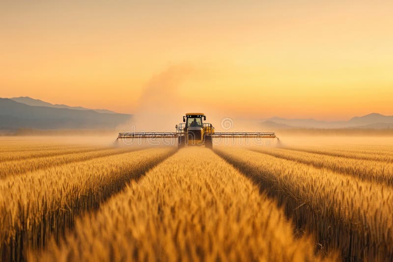 Fertilizer Being Sprayed Onto Wheat Crops at Dawn, with Mist Rising ...
