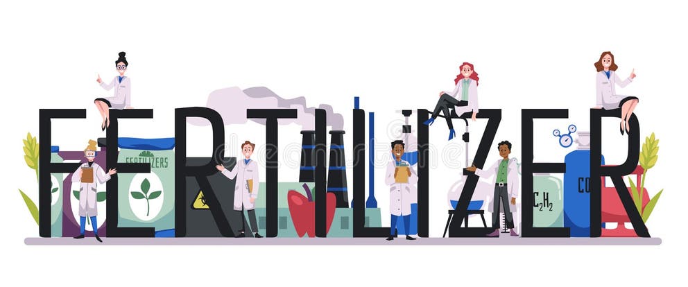 Fertilizer Production Typographic Header with Scientists, Chemical ...